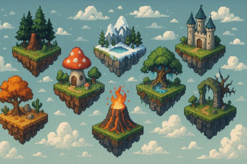 Isometric Fantasy Islands with Castles, Forests, and Volcano for Game ...