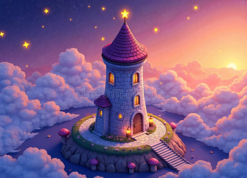 Isometric Fantasy Tower among Glowing Clouds at Sunset. this Image Was ...