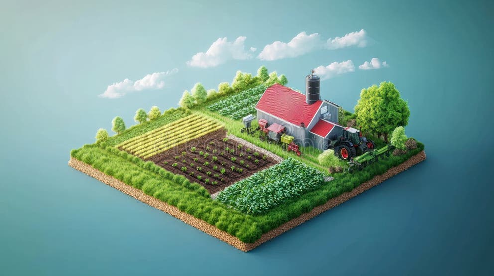 Isometric Farm Layout with Barn, Crops, and Tractor on a Field Stock ...
