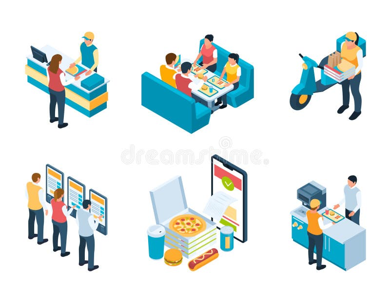 Isometric Fast Food Mini Composition Collection with People Ordering in ...