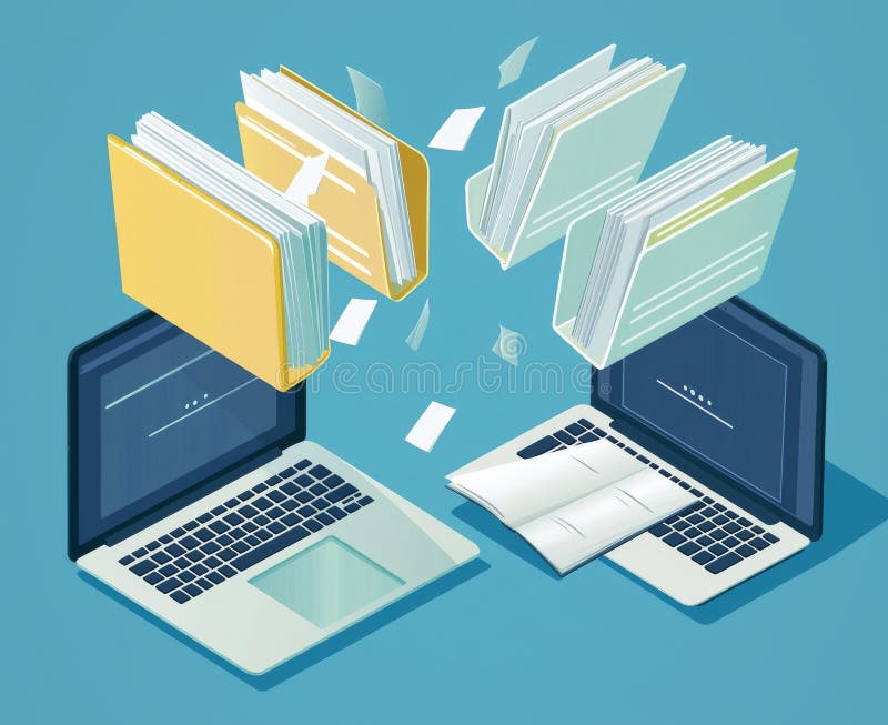 Isometric File Transfer. Two Laptops with Folders on Their Screens and ...