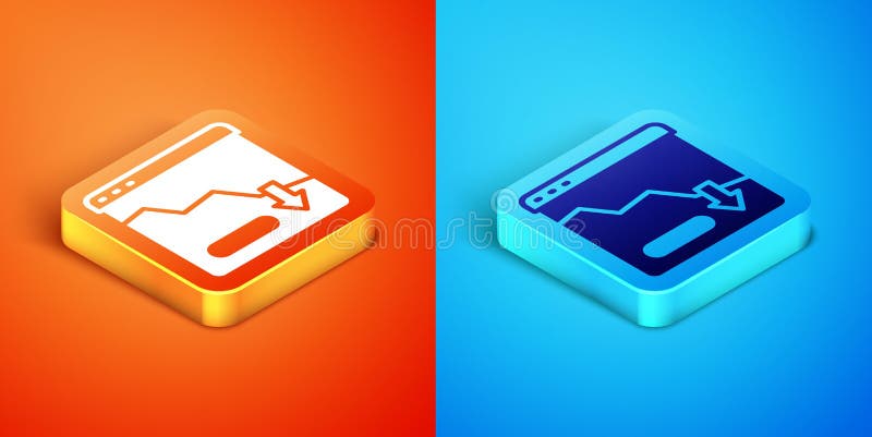 Isometric Financial Growth Decrease Icon Isolated on Orange and Blue Background. Increasing ...