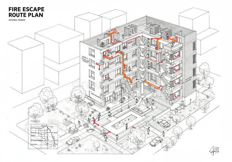 Isometric Fire Escape Route Plan for an Apartment Building. the ...