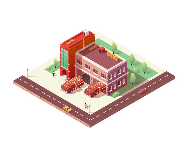 Isometric Fire Station Building and Fire Engine Stock Vector ...