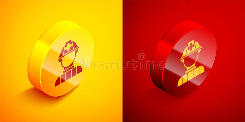 Isometric Firefighter Icon Isolated on Orange and Red Background ...