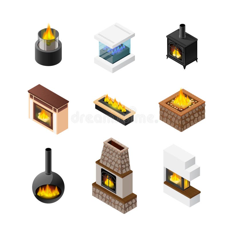 Isometric Fireplace Icon Set Stock Vector - Illustration of design ...