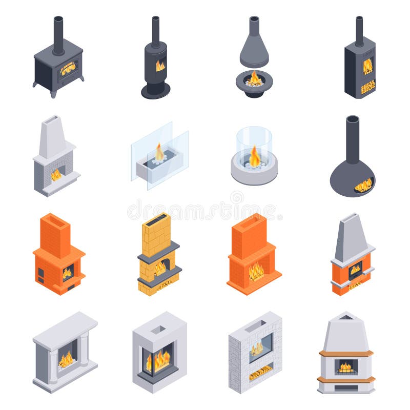 Isometric Fireplaces Icon Set Stock Vector - Illustration of household ...