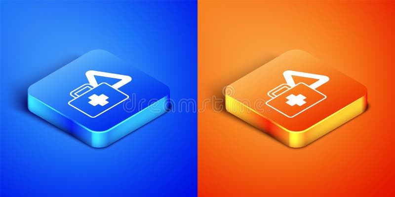Isometric First Aid Kit and Warning Triangle Icon Isolated on Blue and ...