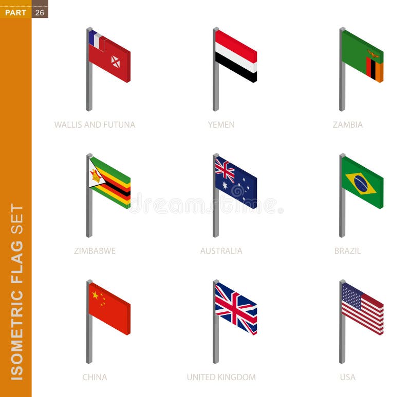 Isometric Flag Set, Flagpole in Isometric Dimension Stock Vector ...