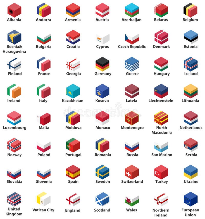 All European Countries Flags in Cube Isometric Design Vector Set Stock ...