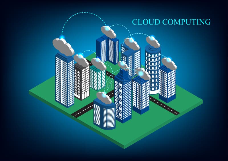 The Isometric Flat 3D City with Skyscrapers and Clouds Concept Network Technology Cloud ...