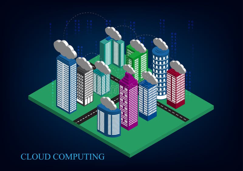 The Isometric Flat 3D City with Skyscrapers and Clouds Concept Network Technology Cloud ...