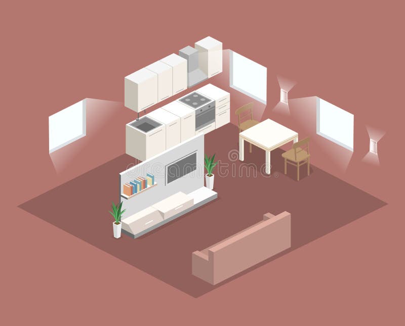 Isometric Flat 3D Concept Interior of Studio Apartments. Stock ...
