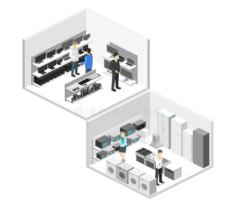 Isometric Flat 3D Interior Household Equipment Store, Computer Shop ...