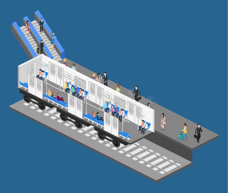 Isometric Flat 3D Interior of Metro Subway Train Carriage. Underground ...