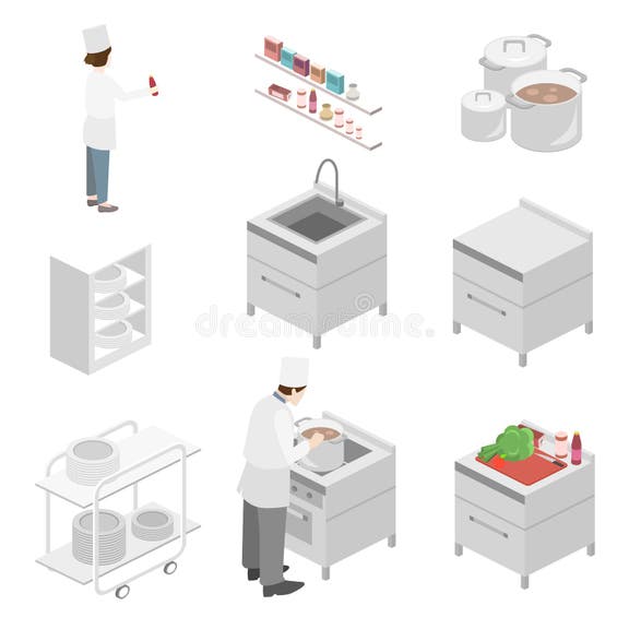 Isometric Flat 3D Interior of Professional Kitchen Stock Illustration ...