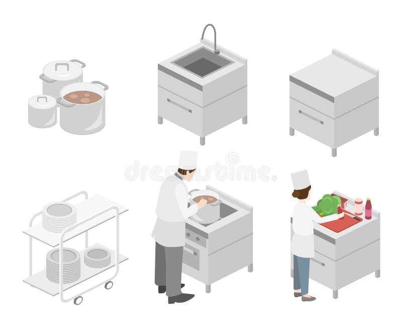 Isometric Flat 3D Interior of Professional Restaurant Kitchen Stock ...