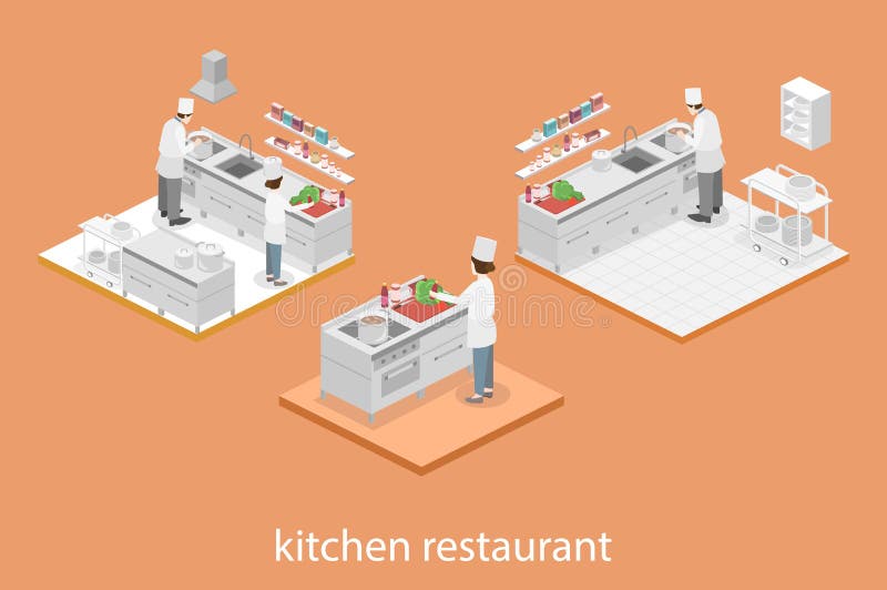 Isometric Flat 3D Interior of Professional Restaurant Kitchen Stock ...