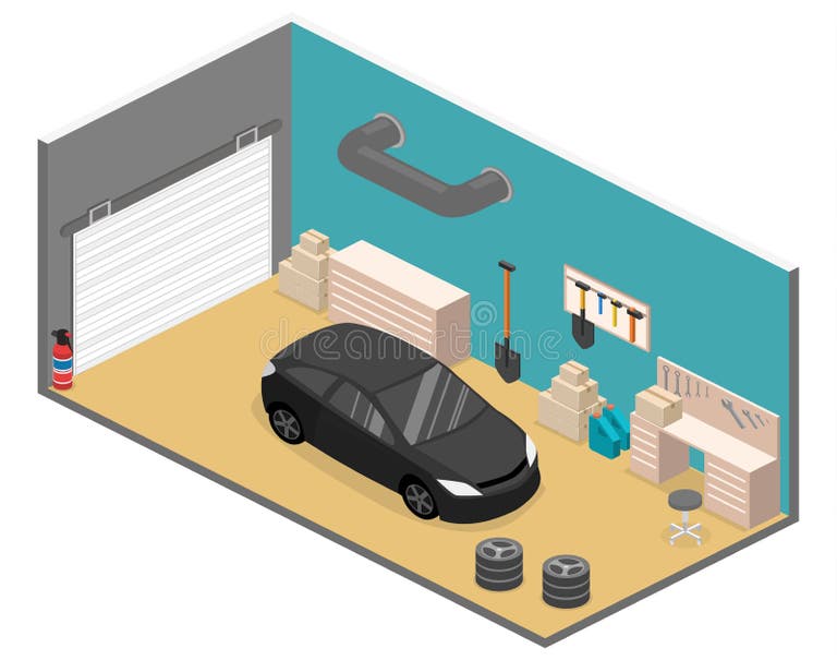 Isometric Flat 3D Interior Working Place in Garage. Stock Illustration ...