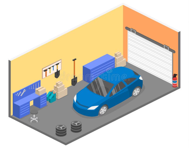 Isometric Flat 3D Interior Working Place in Garage. Stock Illustration ...