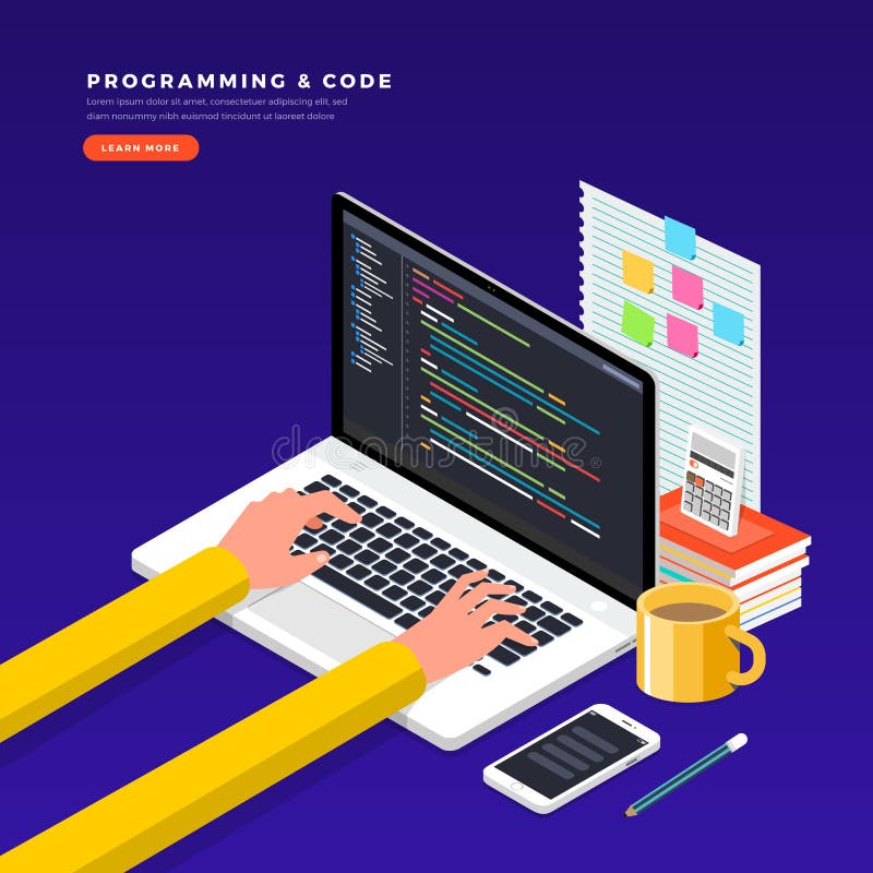 Isometric Flat Design Concept Programmer and Coding. Vector Illustration. Website Layout Design ...