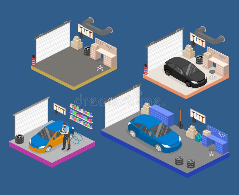 Isometric Flat 3Dinterior Working Place with Tools in Garage. Stock ...