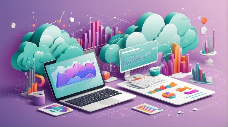 Isometric Flat-Plus Vector of Cloud Analytics Dashboard with Devices ...