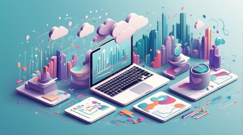 Isometric Flat-Plus Vector of Cloud Analytics Dashboard with Devices ...