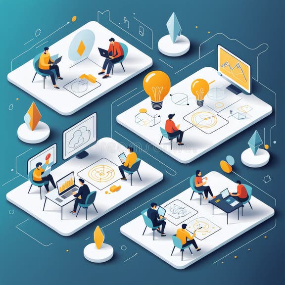 Isometric Flat Vector Concept Illustration of People and Business Team Work on Computer Screen ...