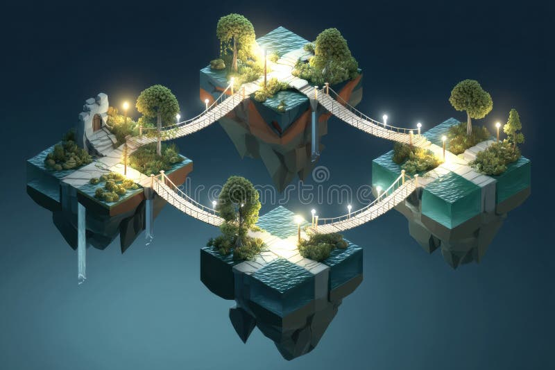 Isometric Floating Islands Connected by Glowing Bridges in a Serene ...