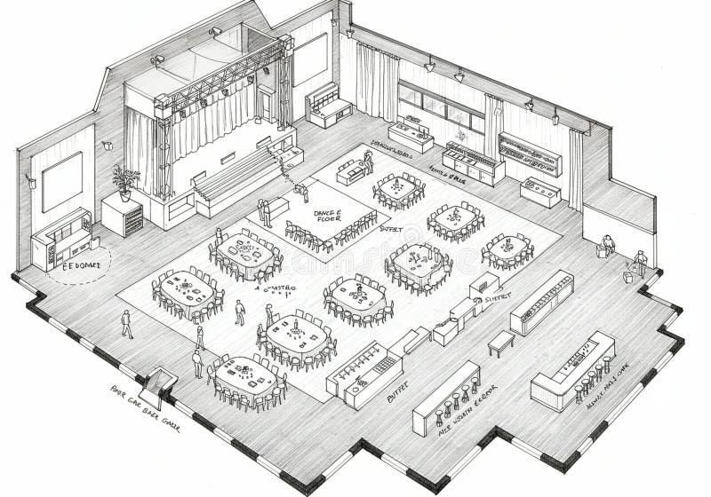 Isometric Floor Plan of a Banquet Hall. Features Include a Stage with ...