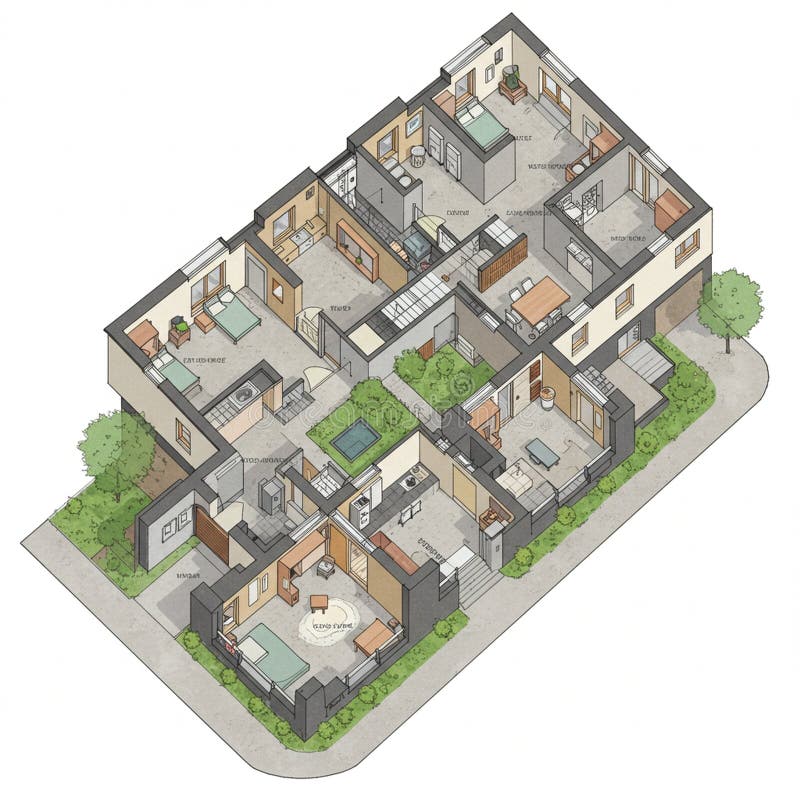Isometric Floor Plan Illustrating a Residential Complex with Multiple ...