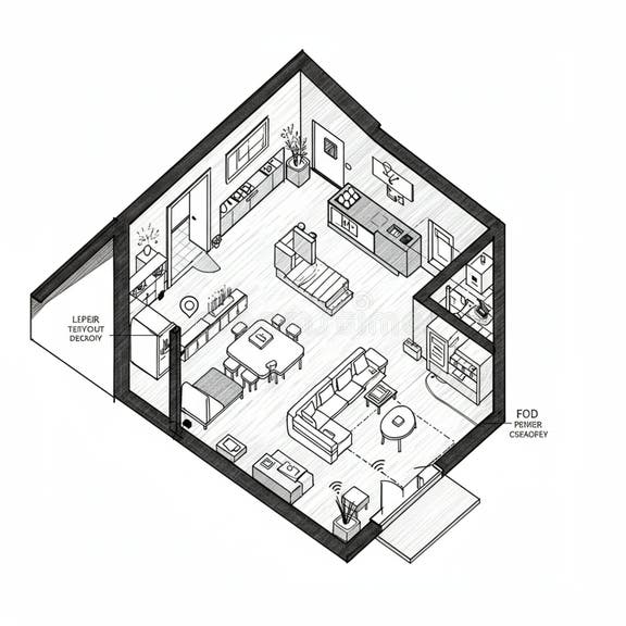 Isometric Floor Plan of a Modern Open-concept Living Space. Includes a ...