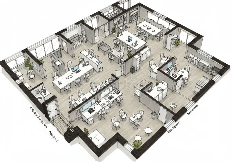 Isometric Floor Plan of an Office Layout Featuring Open Workspaces ...