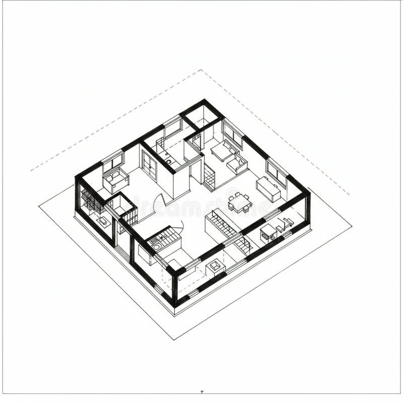 An Isometric Floor Plan of a Single-story Rectangular House Featuring ...