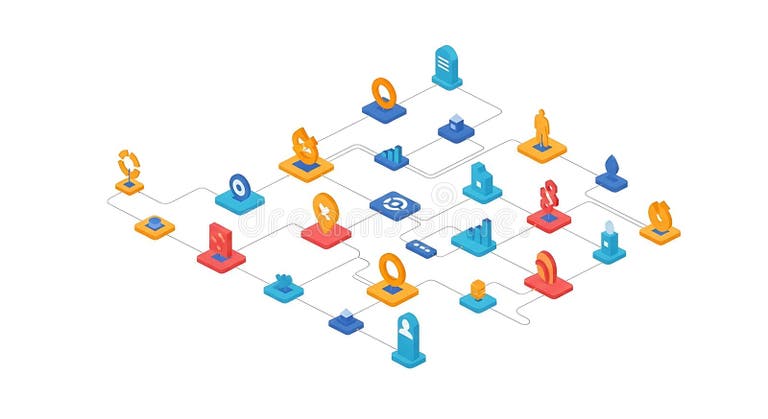 Isometric Flowchart Depicting a Network of Interconnected Symbols and ...
