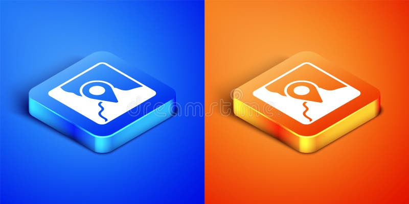 Isometric Folded Map with Location Marker Icon Isolated on Blue and ...