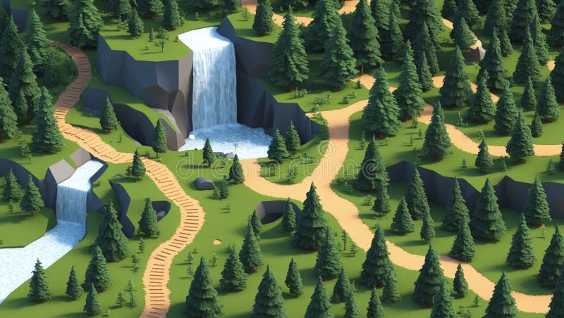 Isometric Forest Landscape with Hiking Trails and a Waterfall Stock ...