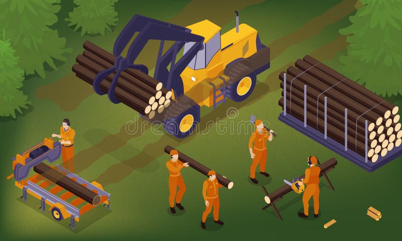 Isometric Sawmill and Lumber Industry Concept with Timber and Planks ...