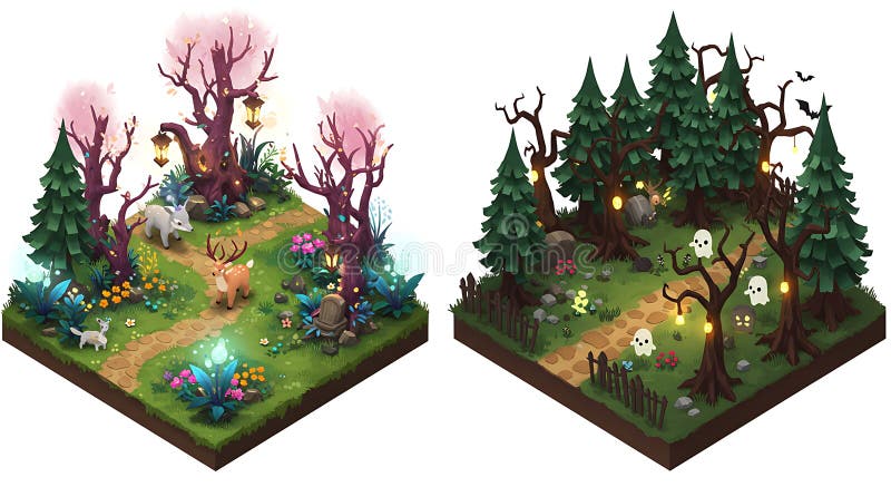 Isometric Forest Scene with Animals and Spooky Elements Stock ...