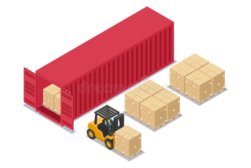Isometric Forklift Unloading Stacked Boxes on Pallet from Red Container ...