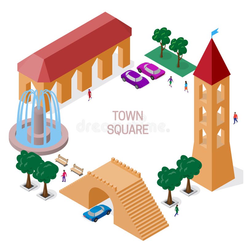 Isometric Frame with Town Square Buildings, Trees, Cars and People. Set ...