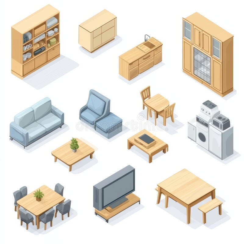 Isometric Furniture Icons Set with Furniture and Kitchen Elements ...