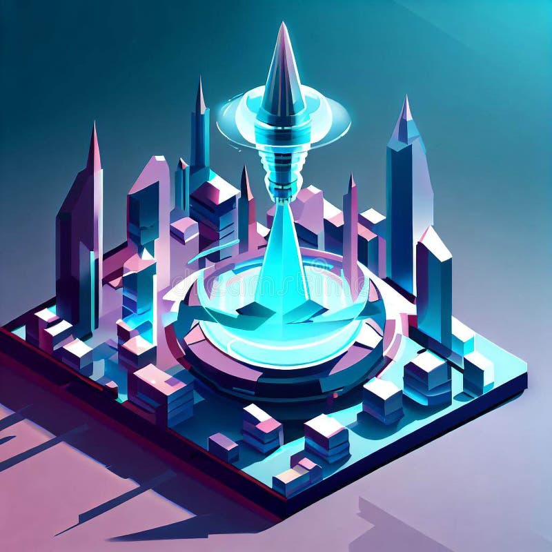 Isometric Future Town Water Color Stock Illustration - Illustration of ...