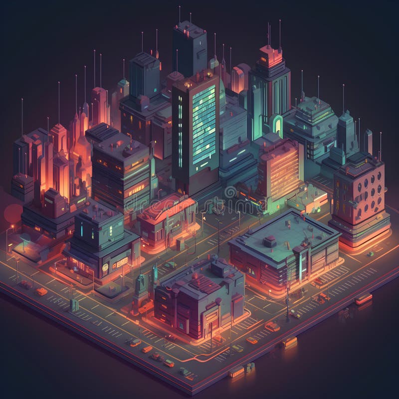 Isometric Futuristic City with Neon Lights. Vector 3d Illustration ...