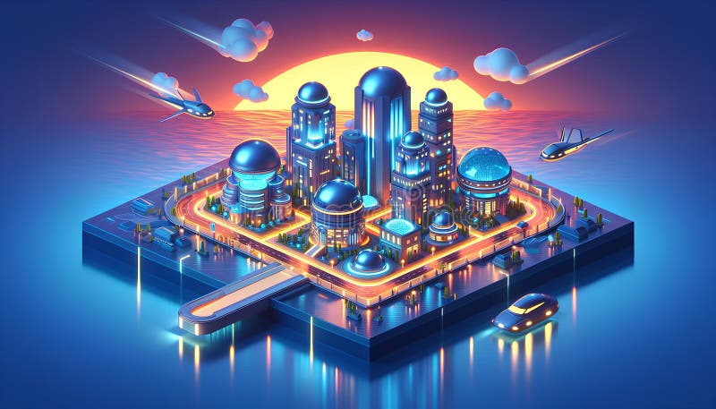 Isometric Futuristic Ocean City with Domes and Sky Highways Stock ...