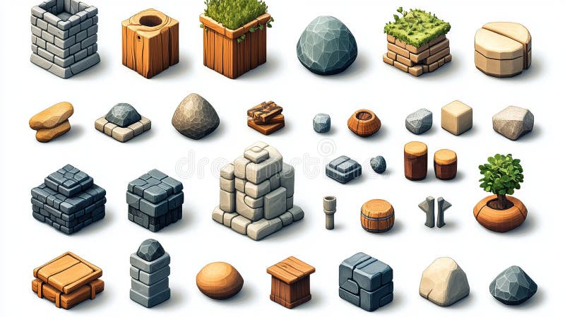 Isometric Game Assets Stones, Wood, Plants, and Building Blocks Stock ...