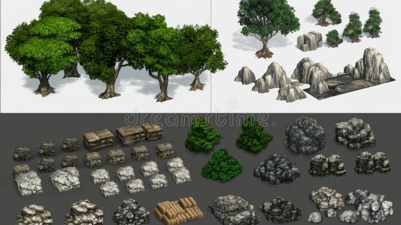 Isometric Game Assets: Trees, Rocks & Paths Stock Illustration ...