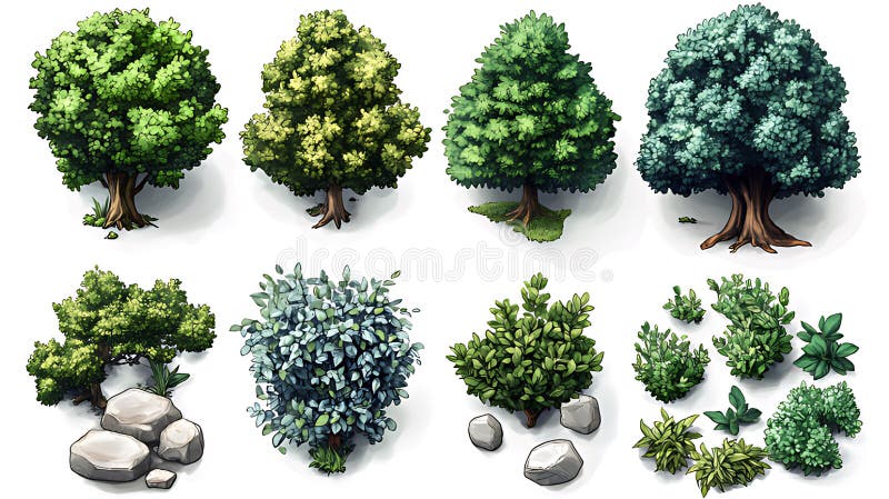 Isometric Game Trees, Shrubs, Rocks White Background Asset Pack Stock Illustration ...