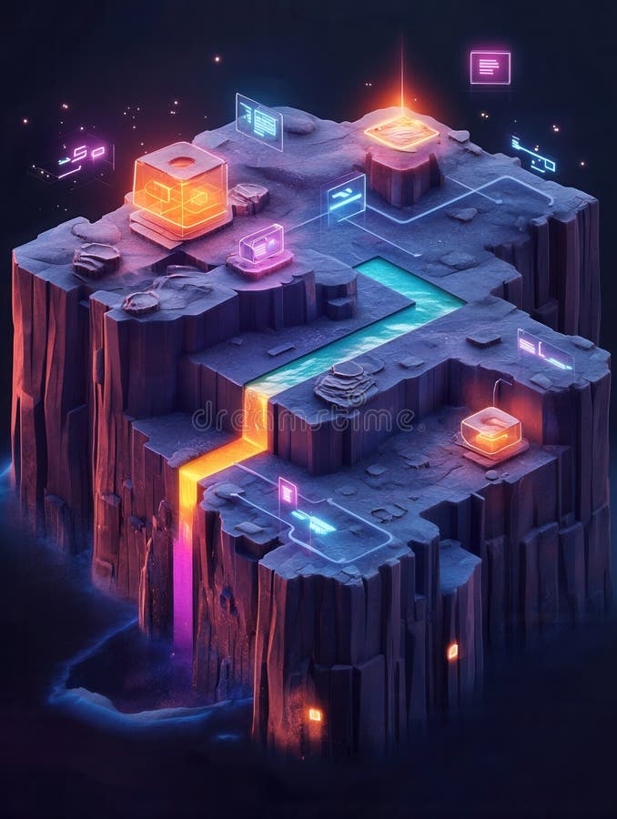 Isometric Gaming-inspired Background Featuring Stylized Terrain and ...